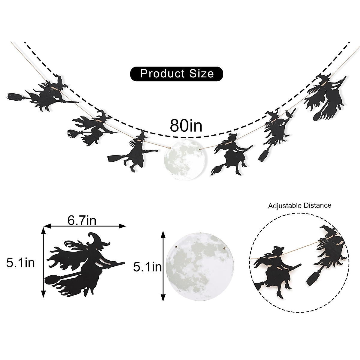 Halloween Witch Full Moon Garland - Wood Witches Banner, Halloween Spooky Fireplace Decor, Autumn Home Decor