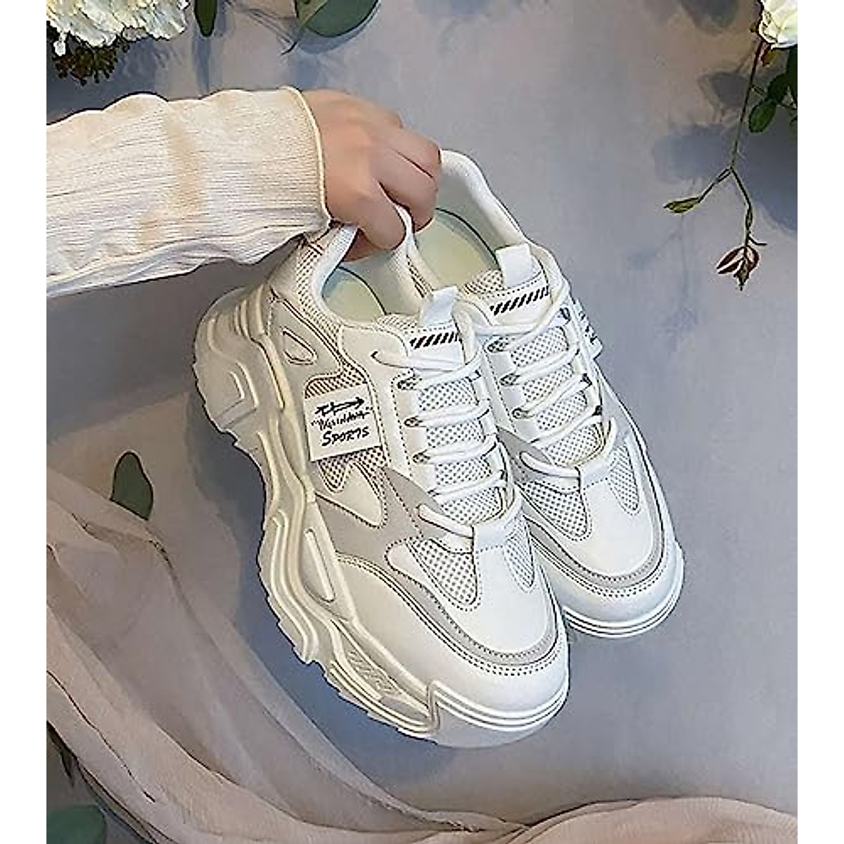 YYSPR Women’s Chunky Platform Sneakers Casual Comfortable Breathable Non Slip Mesh Walking Shoes White 7 US