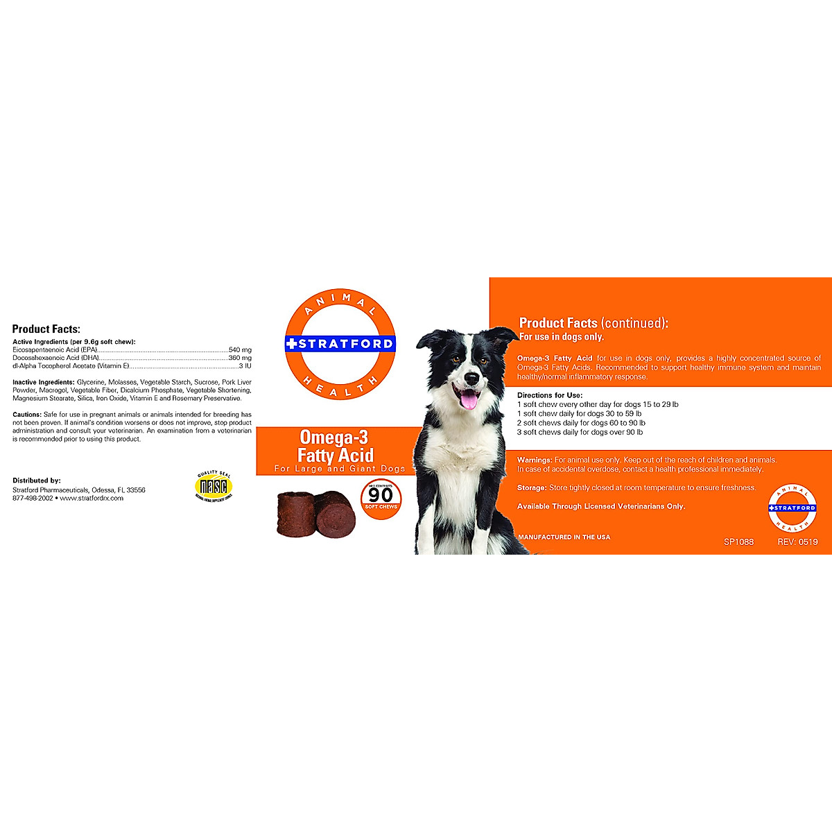 Stratford Pharmaceuticals EZ Chew Omega 3 Fatty Acid Soft Chew Max Strength - Dog Omega 3 Supplement - Soft Chew Treats with Fish Oil for Dogs - Large and Giant Dogs - 90 Soft Chews