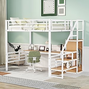 Full Size Loft Bed with Desk and Stairs Metal Loft Bed with Storage Wardrobe and Shelves, Heavy-Duty High Loft Bed for Kids Teens Adults, White