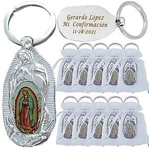 Personalized First Communion Keychain Favor (12 PCS) Engraved Our Lady of Guadalupe Baptism Metal Key Ring/Recuerdos Para Primera Comunion Niña Niño/Customized Christening