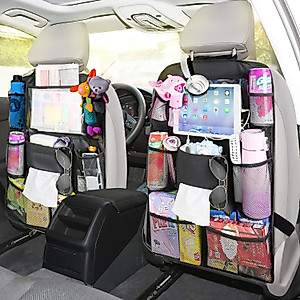 Car Back Seat Organizer Foldable Car Storage Organizer Car Seat Back Protectors with Hole for USB/Headphone/Charging Kick Mats Back Seat Protector with Touch Screen Tablet Holder Tissue Box