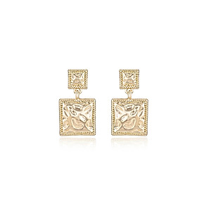 Ettika Gold Earrings. Earrings For Women, 18k Gold Plated Textured Repeated Squares Drop Earrings. Jewelry