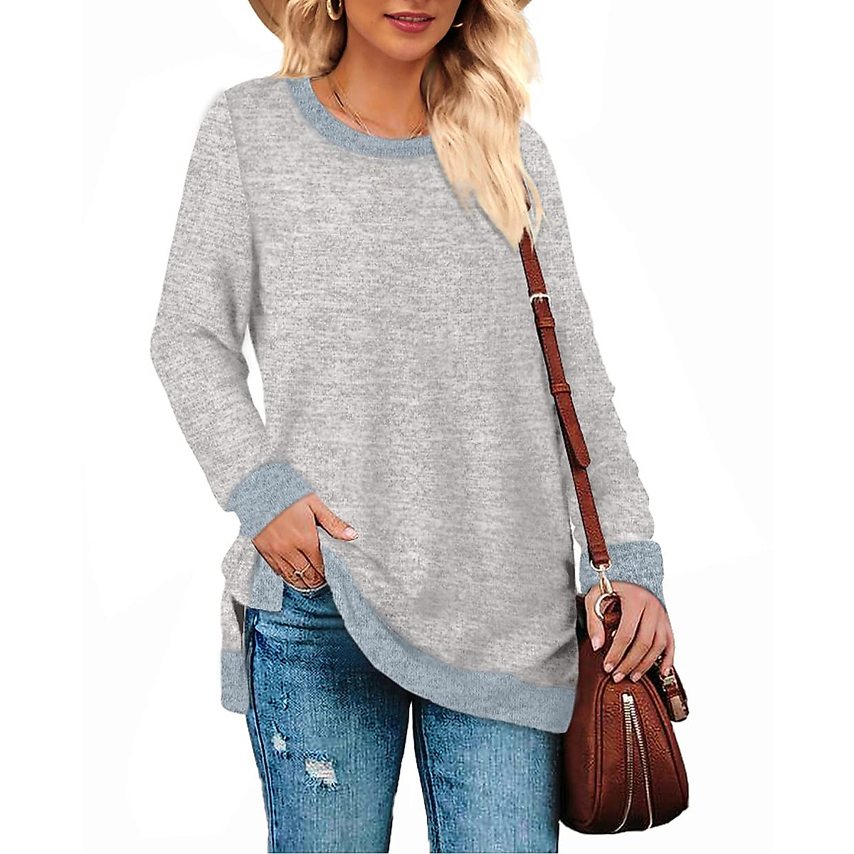 Fall Sweaters for Women Trendy Long Sleeve Tunic Tops for Leggings Grey X-Large