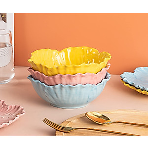 AwakingWaves Cute Handmade Ceramic Cereal Bowl with Hibiscus Designs for Fruit, Salad and Soup,Sculpted Flower-Shaped Candy Pink Bowl for Kitchen, Microwave and Dishwasher Safe, Party Decor