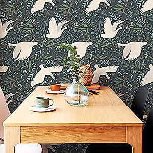 17.3"x 236.2" Wildwood Peel and Stick Wallpaper, Green Leaf and White Swan Removable Wallpaper Flying Swan Self-Adhesive Floral Wall Paper Home Deco Contact Paper for Cabinets Furniture Bedroom