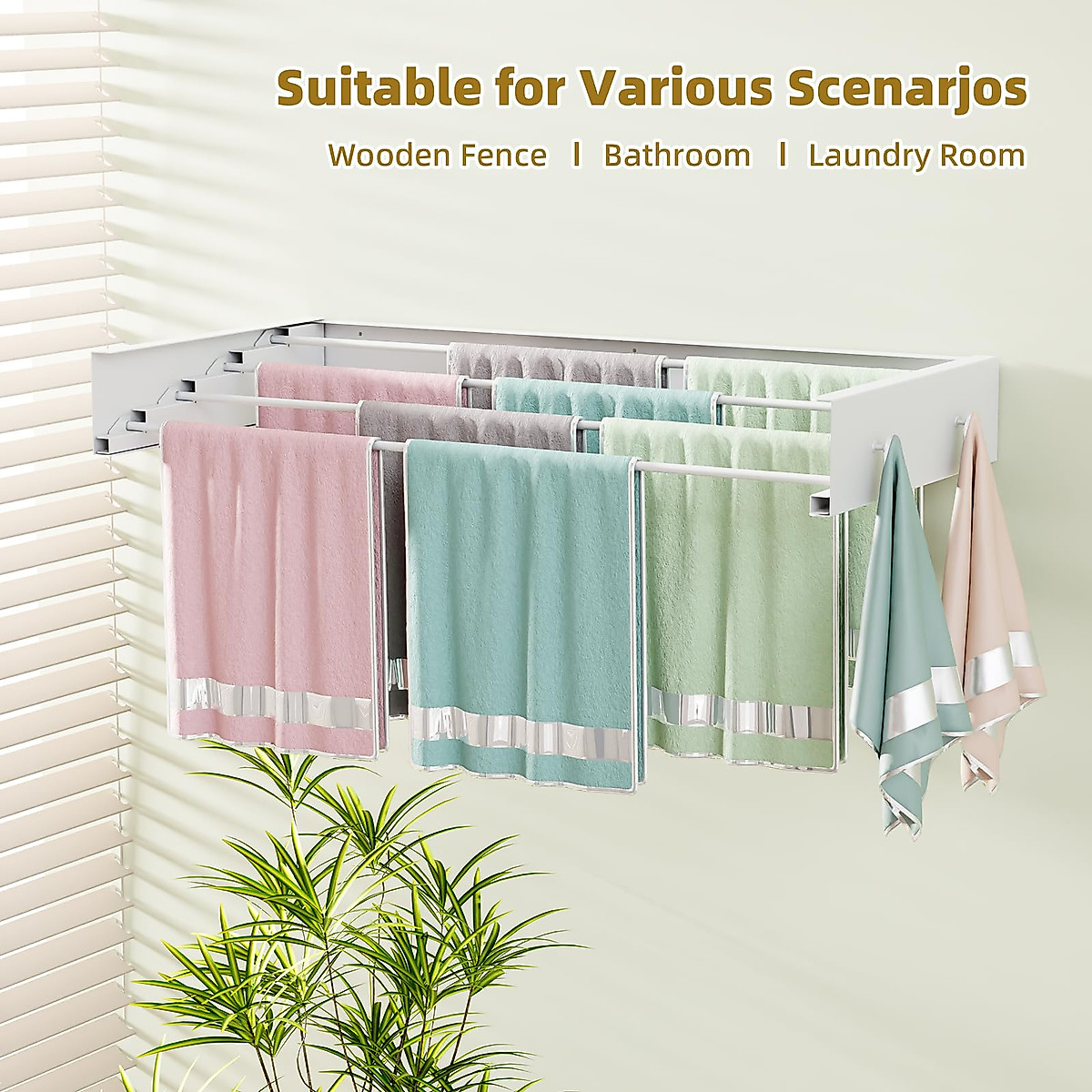 BAKON Clothes Drying Rack Wall Mounted for Laundry, Drying Rack Clothing Wall Mounted, 4 Aluminum Rods with 4 Hooks, Space-Saving Collapsible Wall Drying Rack for Indoor Outdoor (White, 23.6'')