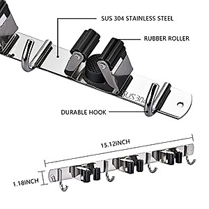 Kozci 2 Pack Mop and Broom Holder Wall Mount, Anti-Slip Broom Organizer Wall Mount Self Adhesive Broom Hanger, Stainless Steel Tools Rack Mop Storage Organizer for Kitchen Garden Garage(3 Racks 4Hook)