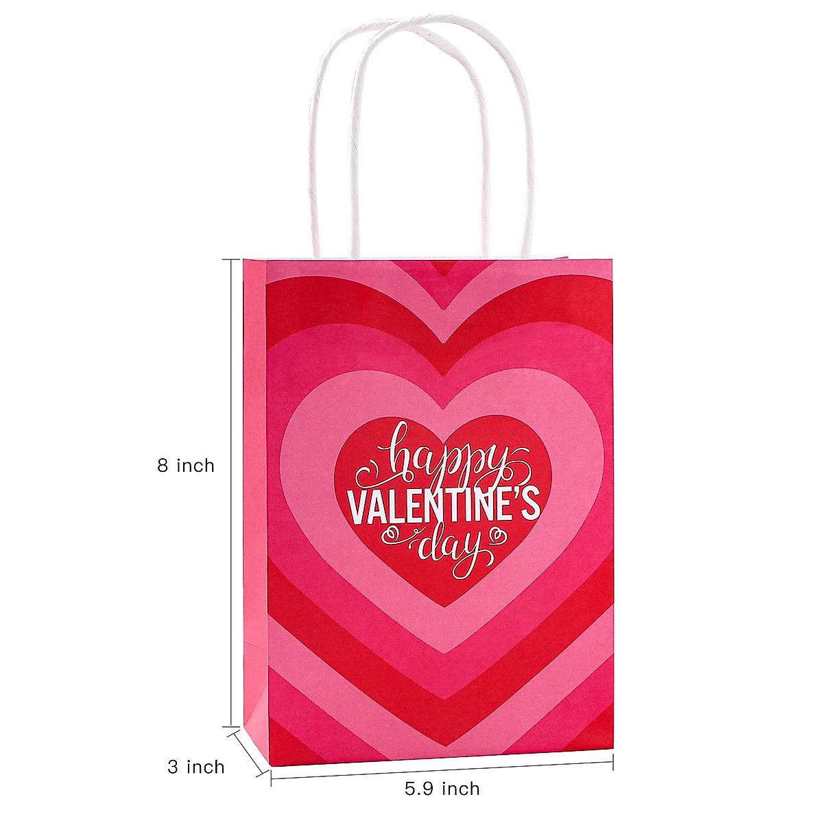 ECOptimize Gift Bag with Tissue Paper for Valentine's Day - 24 PCS Small Size(5.9"x3"x8") - Eco-Friendly Kraft White Paper Bag with Handle for Retail, Gift, Shopping & Party Favors(Pink, Red, Heart) - Double Side Pattern