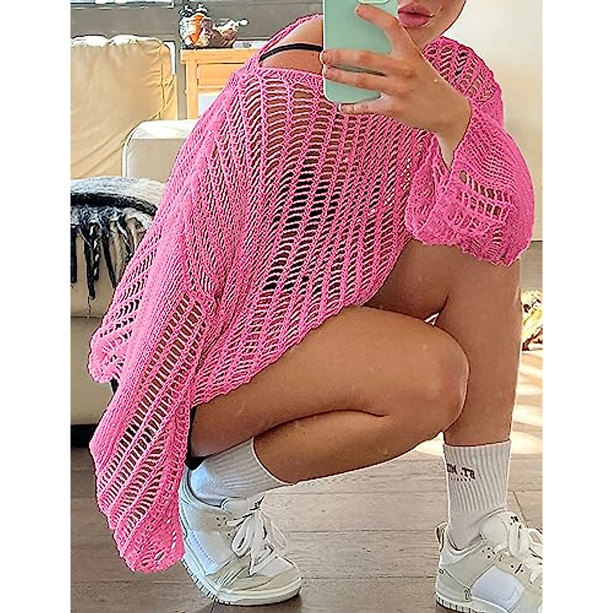Crochet Tops for Women Summer Hollow Out Knit Sweaters Long Sleeve Crop Mesh Top Fashion Y2k Beach Cover Up Pink L