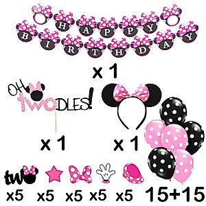 Oh Twodles Balloons Pink Mouse Second Birthday Cake Topper 2nd Mouse Banner Party Supplies Decorations Photo Prop for Girl Baby Bday