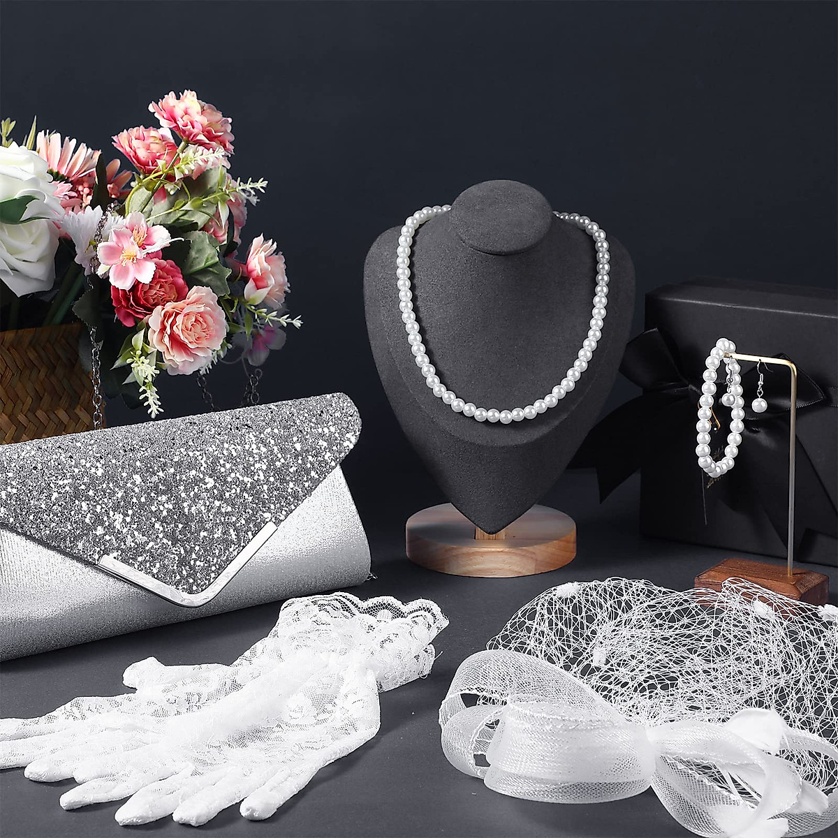 Estune 6 Pcs Tea Party Hat and Gloves Set for Women White Fascinator Hats Lace Gloves Pearl Jewelry Set Silver Clutch Purses for Evening Wedding Cocktail 1920s Costume Accessories Christmas Jewelry