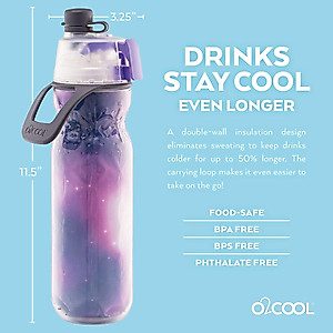 O2COOL Mist 'N Sip Misting Water Bottle 2-in-1 Mist And Sip Function With No Leak Pull Top Spout Sports Water Bottle Reusable Water Bottle - 20 oz (Celestial Purple)