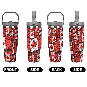 Canadian Flag Tumbler 30oz Large Capacity Car Cup with Handle Fit in Any Car Cup Holder Stainless Steel Leakproof Insulated Coffee Tumblers with Lid And Straw
