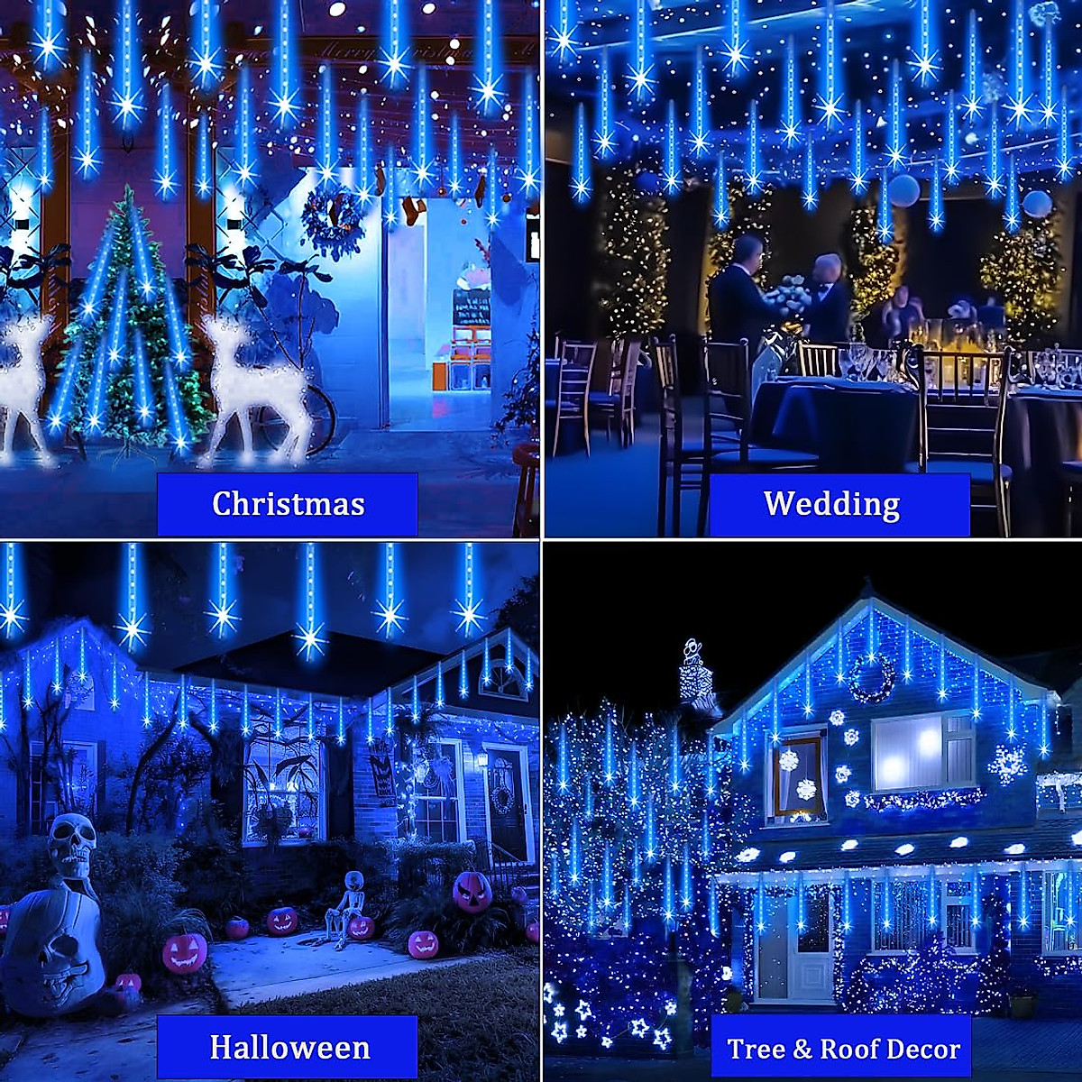 Adecorty Outdoor Christmas Lights Meteor Shower Lights UL Certified 8 Tubes 192 LED Snow Falling Rain Drop Lights Dripping Icicle String Lights for Christmas Tree Decorations Xmas Wedding Party, Blue