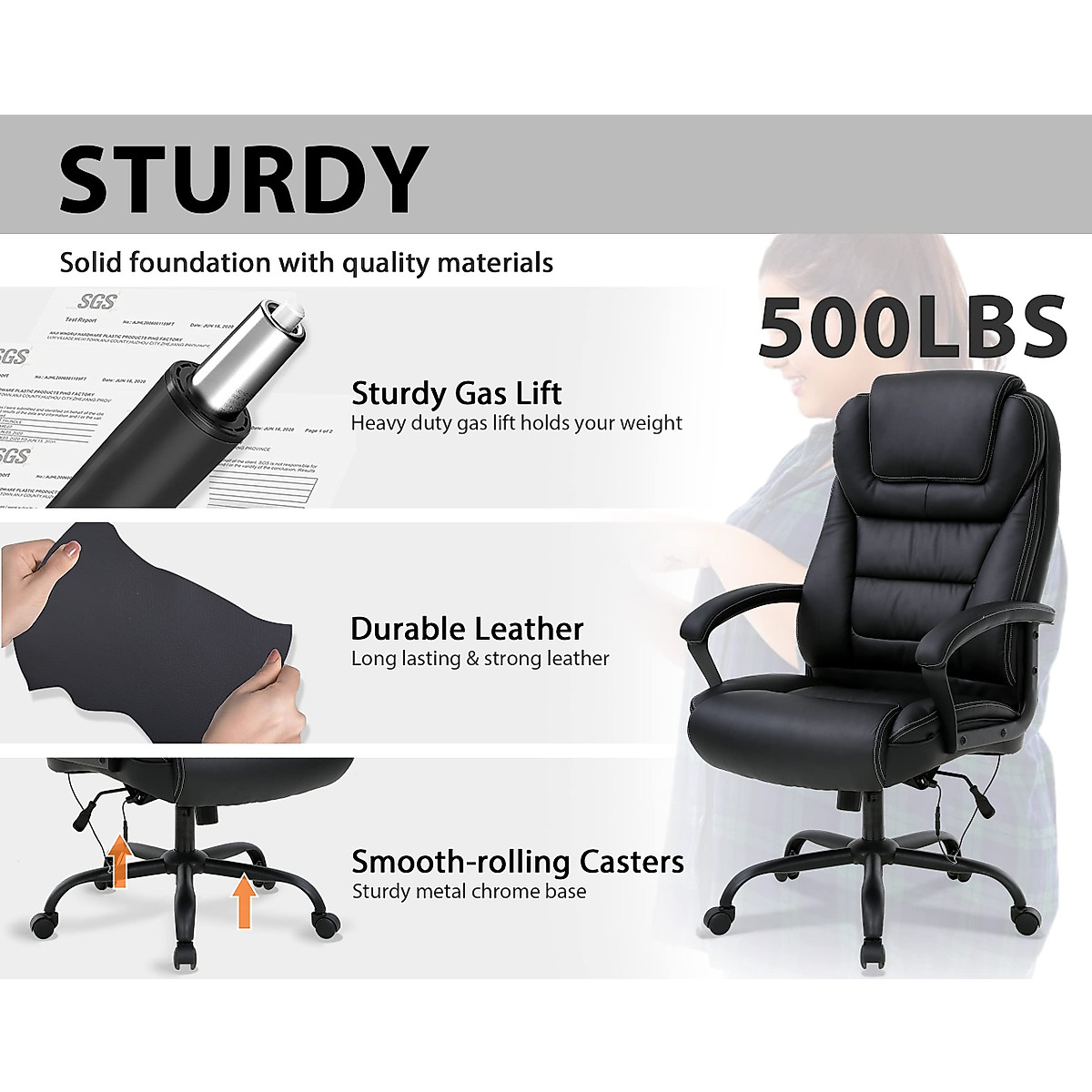 500 LBS Ergonomic Executive Office Chair, High Back Desk Chair with Massage Lumbar Support, Swivel Rocking Chair Computer Desk Chair with Padded Armrest and Adjustable Height, Black