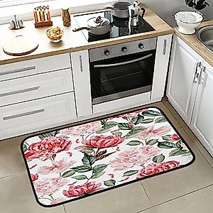 KOBLEN Red Peony Leaves Kitchen Rugs Non Slip Washable Absorbent Kitchen Mats 20x39 inch Cushioned Anti Fatigue Kitchen Floor Mats for in Front of Sink