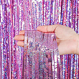 4 Pieces Foil Fringe Curtains Party Decorations Metallic Tinsel Curtain Glitter Foil Valentines Day Party Streamer 3.2 x 8.2 Feet Foil Photo Booth Backdrop for Birthday Baby Shower Holiday (Pink)