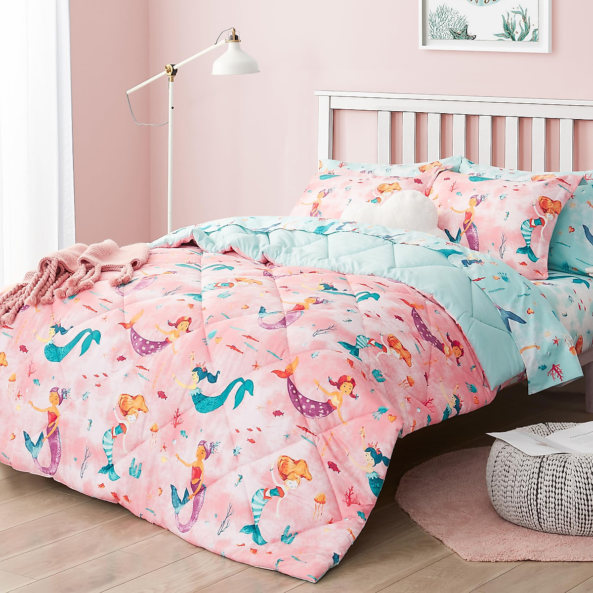UMCHORD Pink Mermaid Kids Bedding Set for Girls, Twin Size 5 Pieces Bed in a Bag, Super Soft Lightweight Microfiber Comforter Set with Sheets, Hotel Quality Durable Children Bed Set