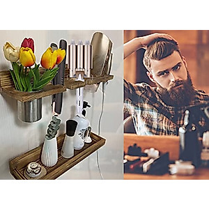 2 Layer Hair Tool Organizer Wall Mount Shelves, Rustic Blow Dryer Holder, Wooden Storage Shelf Bathroom Organizer for Hair Dryer, Curling Iron, Hot Tools, Vanity Accessories, Makeup, Toiletries