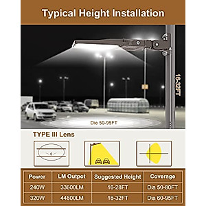 LED Parking Lot Light 320W 44800LM LED Shoebox Light Adjustable Arm Mount 5000K LED Pole Lights Outdoor, IP65 Commercial Area Street Lighting with Photocell for Parking Lot Roadway, UL&DLC
