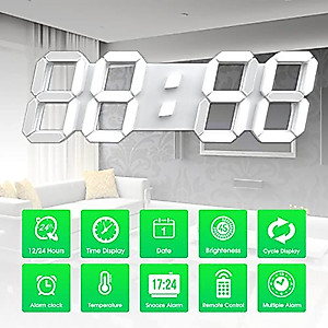 EDUP HOME 15" Large 3D LED Digital Wall Alarm Clock with Remote Control, LED White Light Nightlight Decor Clocks with Multi-Levels Brightness/Time/Date/Temperature Display, for Kitchen Bedroom Office