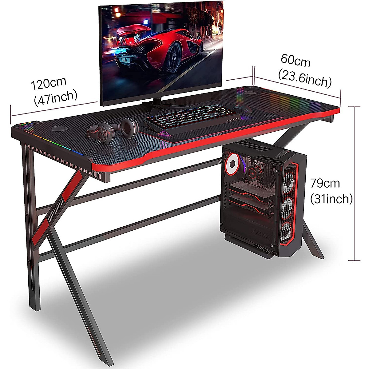 Arespark Gaming Desk with LED Lights, 47in Ergonomic Home Office Tables PC Study Desks, K-Shaped Carbon Fiber Surface Computer Desk Gamer Table Christmas Day Gamer Gift (47 Inch)