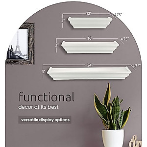Kiera Grace Madison Classic Crown Molding Floating Wall Shelves, Robust Engineered Wood, Easy Assembly, Ideal for Home Decor, 12" / 16" / 24", White, Set of 3