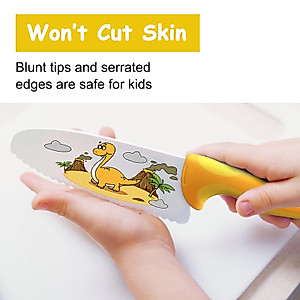 Kids Knife Set for Real Cooking, Friendly Safety Knife for Kids, Stainless Steel Child Chef Knife with Finger Protector, Round Tip Kids Knife for Cutting, Serrated Edges (Yellow)