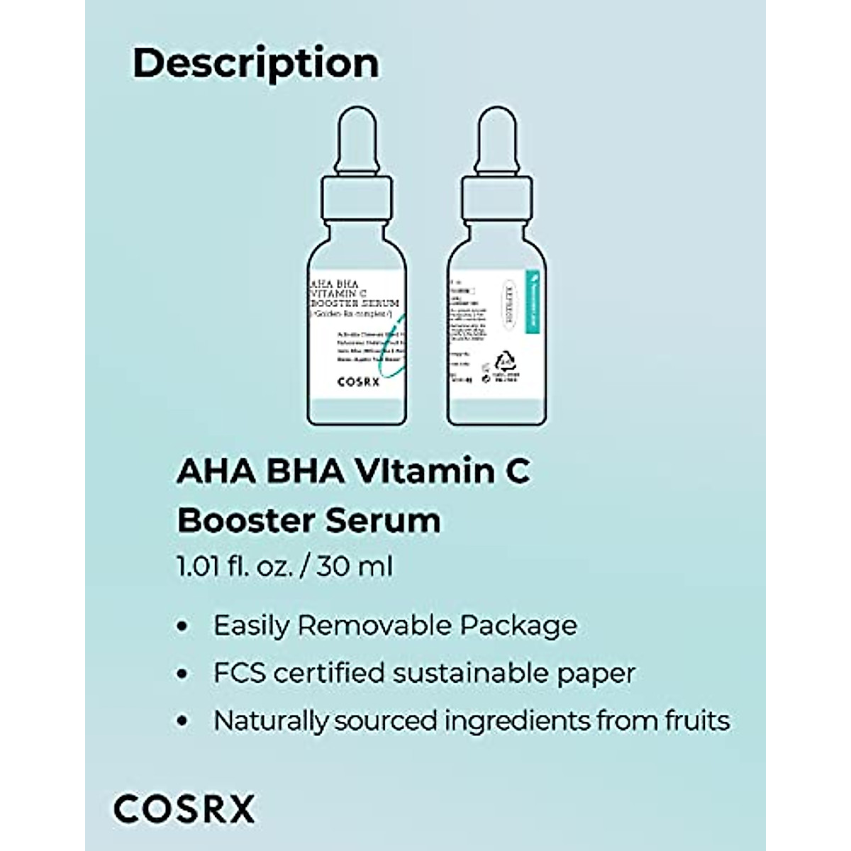 COSRX AHA BHA Vitamin C Booster Serum 1.01 fl. oz 30 ml, Face Serum, Brighten, Anti Aging, Plumping Skin, Natural, Fruit