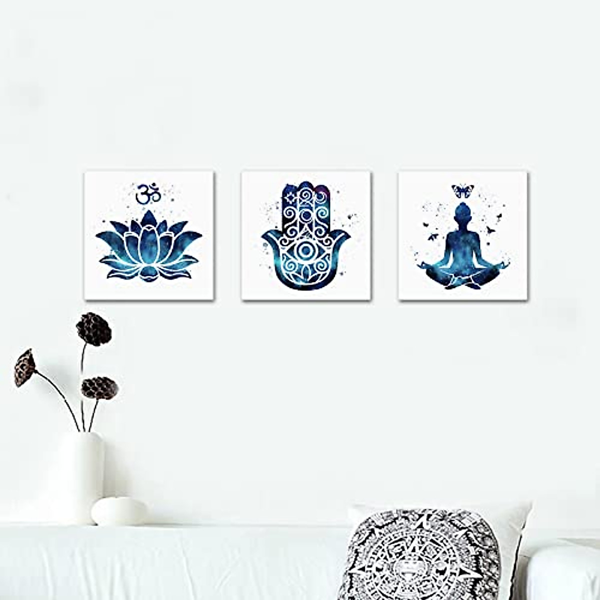Saypeacher 3 Pieces Abstract Yoga Canvas Wall Art Blue Starry Night Pictures Lotus Flower Painting Pritns for Bedroom Yoga Room Bathroom Decor Sretched and Framed Ready to Hang 12"x12"x3pcs