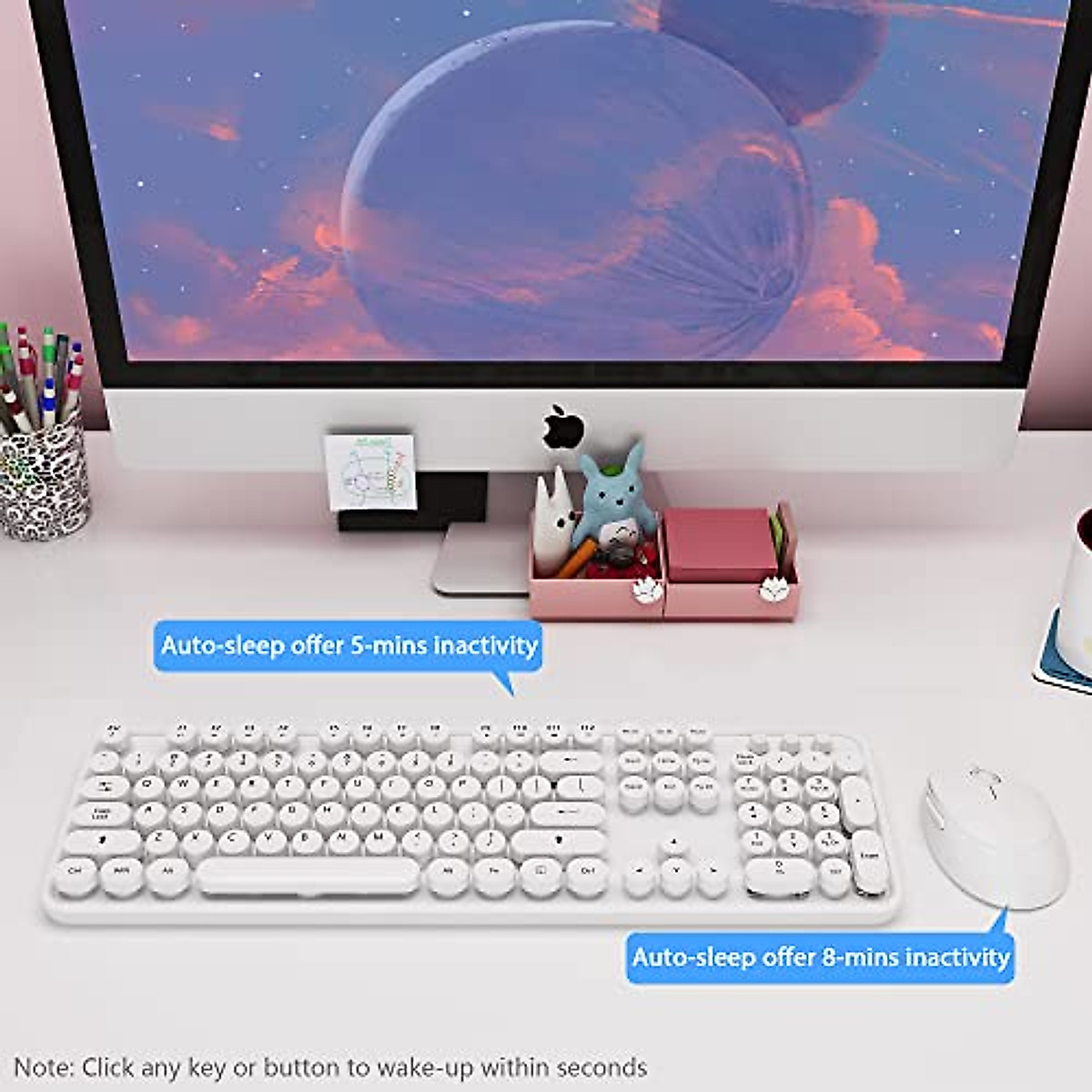 Wireless Keyboard Mouse Combo, 104 Keys Cute White Keyboard with Number Pad & Mouse for Windows, Computer, PC, Notebook, Laptop (White)