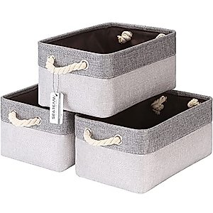 Sea Team 3-Pack Small Storage Basket Set, Storage Cube Organizer, Storage Bins, 12 x 8 x 5 Inches, Rectangle Canvas Fabric Collapsible Shelf Box with Handles for Kids Room (Ash Grey/Grey)