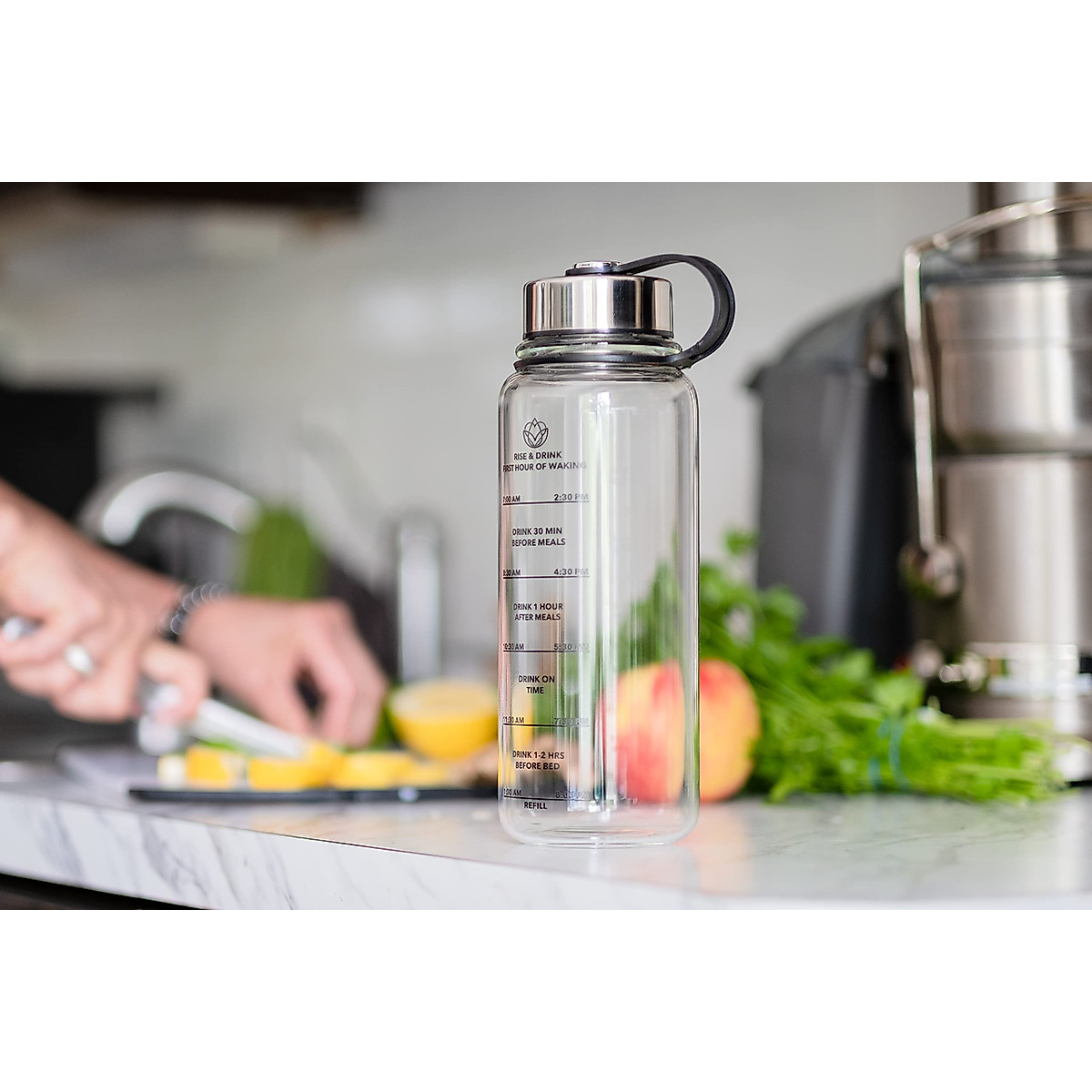 Love Yourself Wellness 40oz.Glass Water Bottle with Sleeve Motivation and Teaching times when to Drink Wide Mouth Stainless Steel Filter Attached lid Hydrating Sport Water Bottle Protective Sleeve