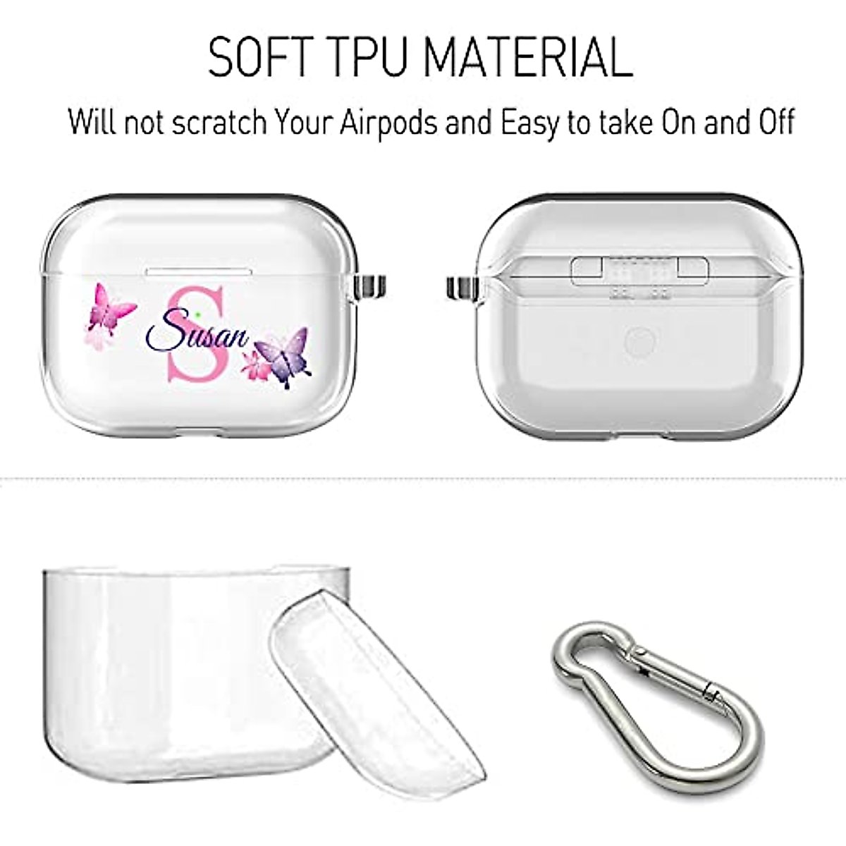 Custom Name & Initial Crystal Clear Airpods Case for Apple AirPod Pro and 3rd Generation，Thin Shockproof Protective Customized Transparent Case（Purple Butterfly）