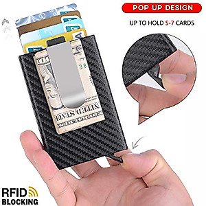 YWHBK Men Credit Card Holder, Metal Money Clip,Carbon Fiber Leather Slim Wallets for Men, Mens RFID Blocking Auto Pop up Front Pocket Small Card Case Wallet (black)