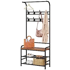 IDEALHOUSE Hall Tree, Entryway Bench, Coat Rack Freestanding Shoe Bench, 3 in 1 Hall Tree Entryway Storage Bench, Multifunction Bench with Steel Frame, 8 Large Hooks, 3-Tier Storage Shelf