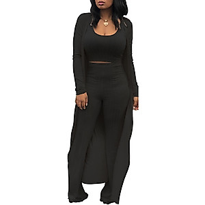 HANMAX Women's Tracksuit Winter Autumn Knitted Long-sleeved Blazer Coat Tank Long Pants Three Piece Sets Outfit