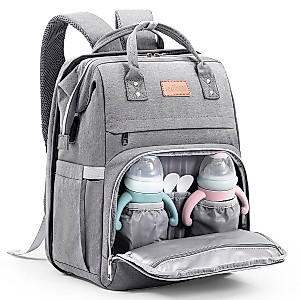 LexiRoman Diaper Bag Backpack Large Capacity Diaper Bag with Changing Pad for Boy Girl Travel for Moms Dads Baby Registry Search Shower Gifts Waterproof Gray
