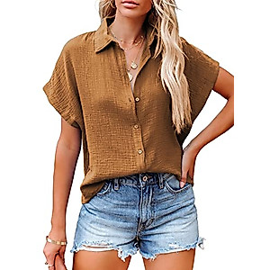 Dokotoo 2023 Fashion Summer Womens Solid V Neck Batwing Short Sleeve Shirts Button Down Cotton Office Workout Blouses Tops Resort Wear for Women Brown XL