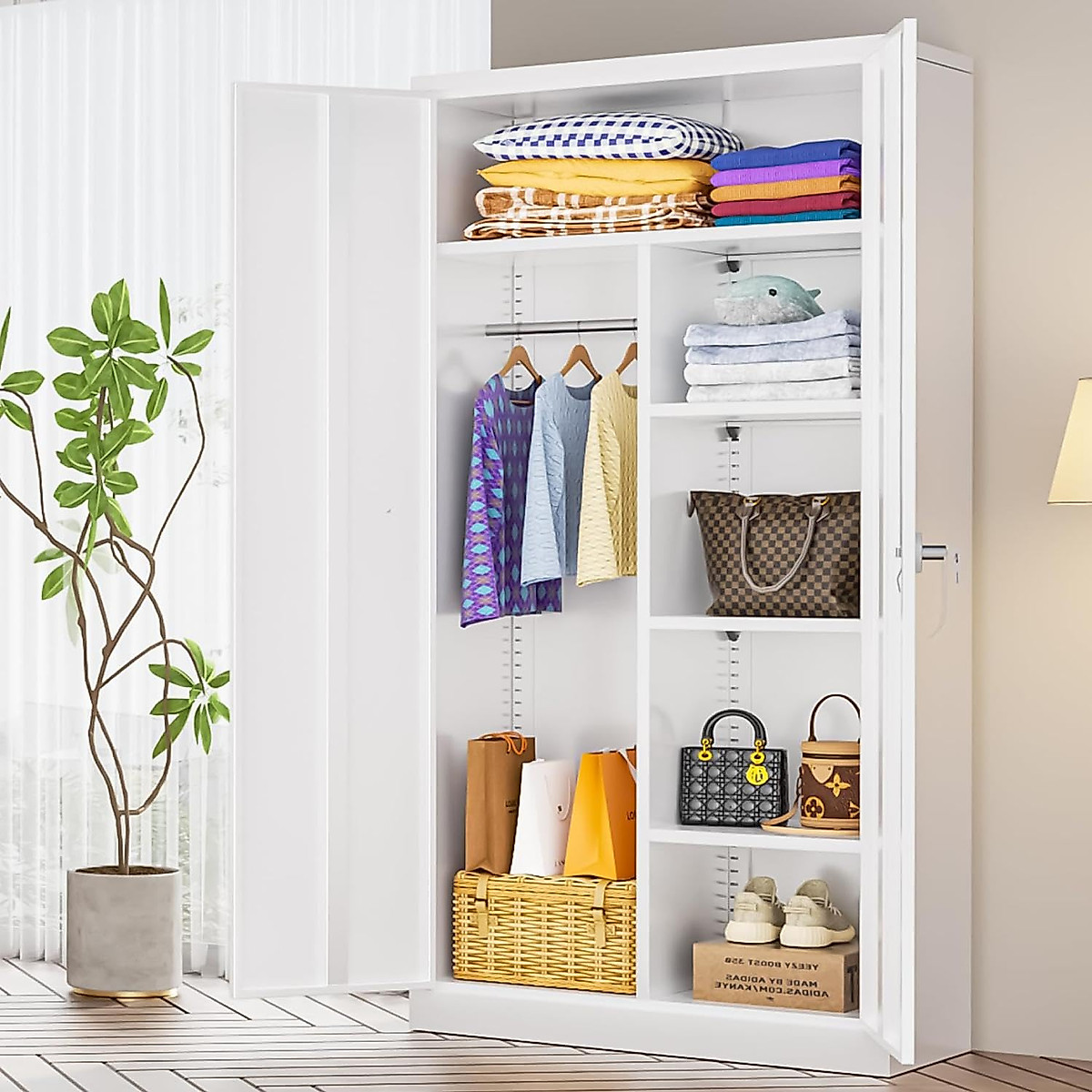 INTERGREAT 72”Tall Metal Wardrobe Cabinets with Lock,Clothing Storage Cabinets with Hanging Rod and 4 Adjustable Shelves，Closet for Home Living/Laundry Room/Department (White)