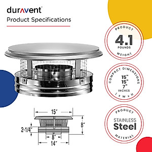 DuraVent DuraPlus 15 Inch Triple Wall Stainless Steel Round Chimney Cap with Removable Screws and Spark Arrestor Screen, Silver