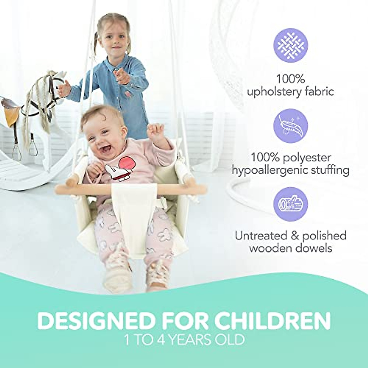 CaTeam - Canvas Baby Swing, Wooden Hanging Swing Seat Chair with Safety Belt, Durable Baby Swing Chair, Outdoor and Indoor Swing for Kids, Mounting Hardware Included, Ivory