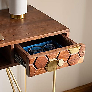 Safavieh Home Office Raveena Modern Natural Acacia and Brass 1-drawer Hairpin Leg Desk