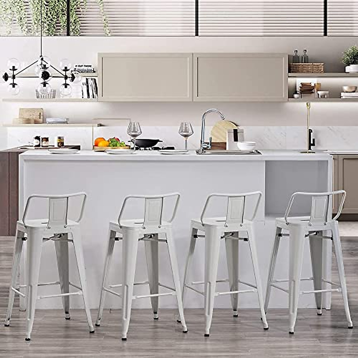 Changjie Furniture Metal Barstools Set of 4 Industrial Bar Stools Counter Stools with Backs Indoor-Outdoor Counter Height Bar Stools (24 inch, White)
