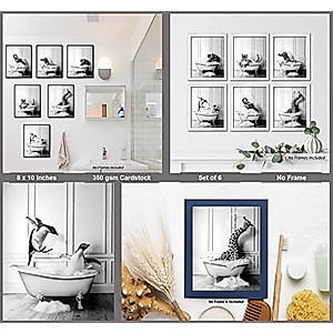 Funny Bathroom Decor Wall Art – Unframed Set of 6 (8 x 10 Inch) – Bathroom Wall Decor, Black and White Bathroom Decor, Kids Bathroom Decor, Animal Giraffe Penguin Elephant Bathroom Pictures for Wall Decor by LIYA Design Prints