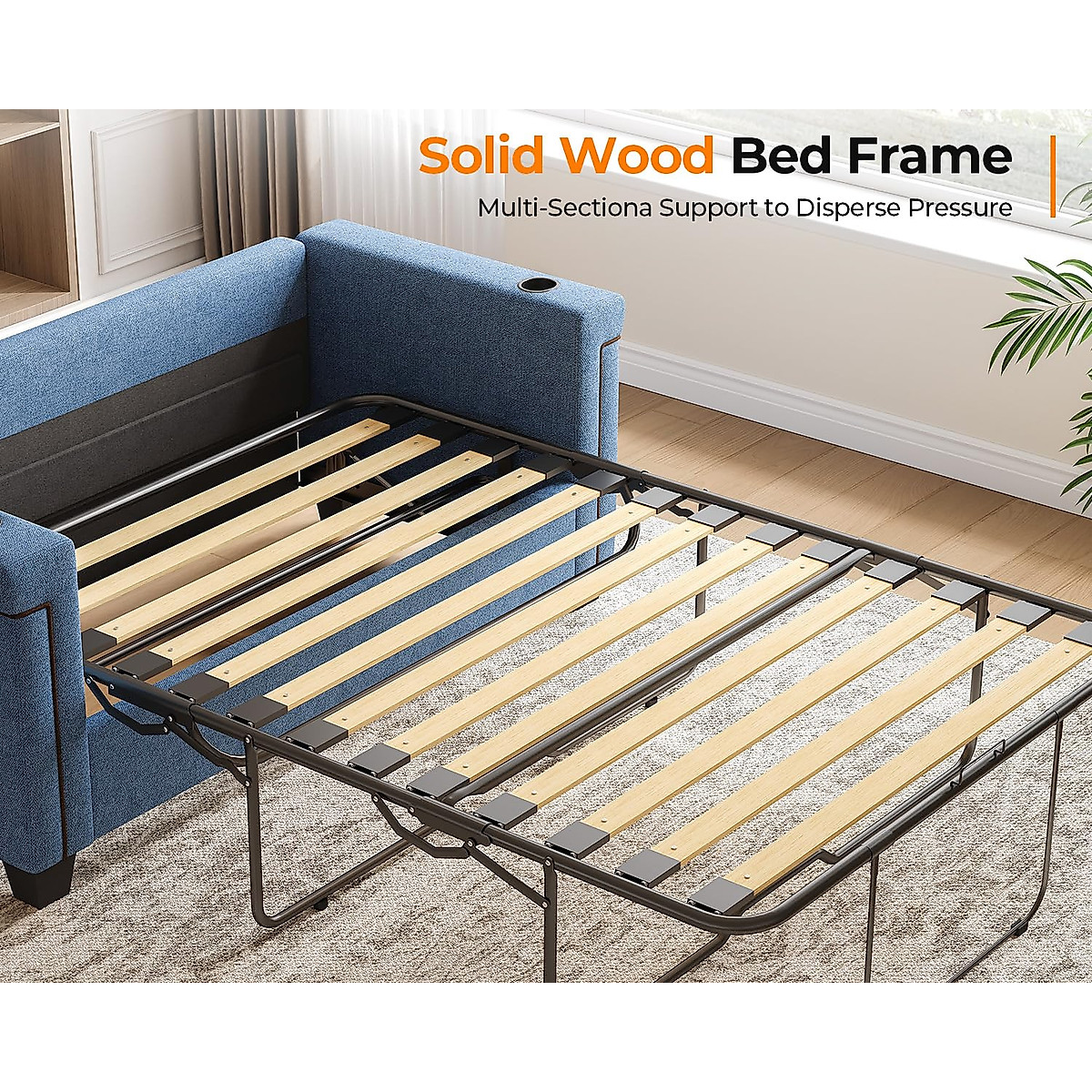 Fadware Pull Out Sofa Bed, Twin Size Sleeper Sofa Couch with Memory Foam Mattress, 2 in 1 Convertible Pullout Couch Bed with USB Charging Ports for Compact Living Space, Apartment, Office, Blue