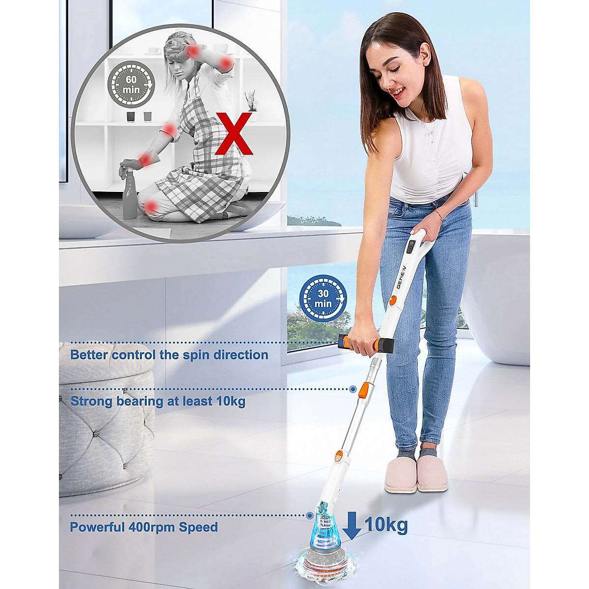 Genew Electric Spin Scrubber: Cordless Cleaning Brush with 6 Replaceable Head & Adjustable Extension Handle Power Shower Scrubber for Bathroom Floor Tile Tub - Add Adjustable Grip (White)