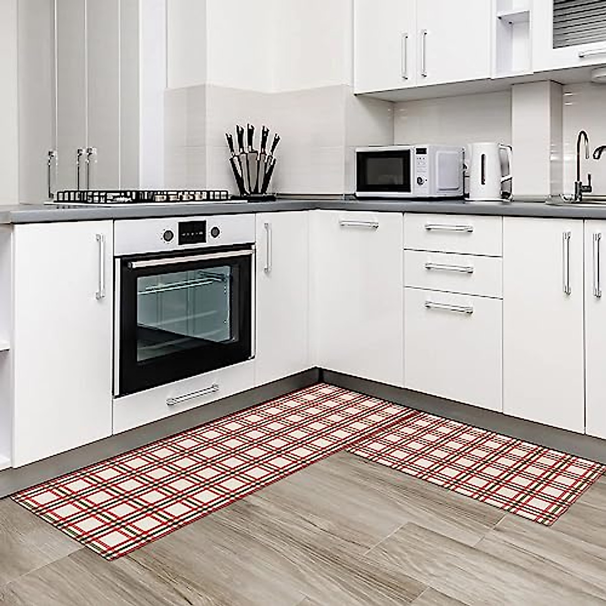 Miaklek Christmas Farmhouse Lattice Kitchen Mats for Floor Anti Fatigue Mats for Kitchen Floor Kitchen Rugs Cushioned Mats Non Slip Comfort Standing Kitchen Rugs Set of 2, Red and Green Plaid