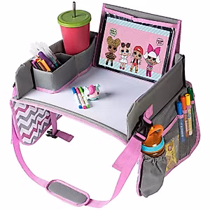 Kids Travel Tray, Car Seat Tray for Kids Travel with Dry Erase Board for Your Child's Rides and Flights, Travel Tray for Kids Car Seat, Kids Road Trip Essentials (Pink)